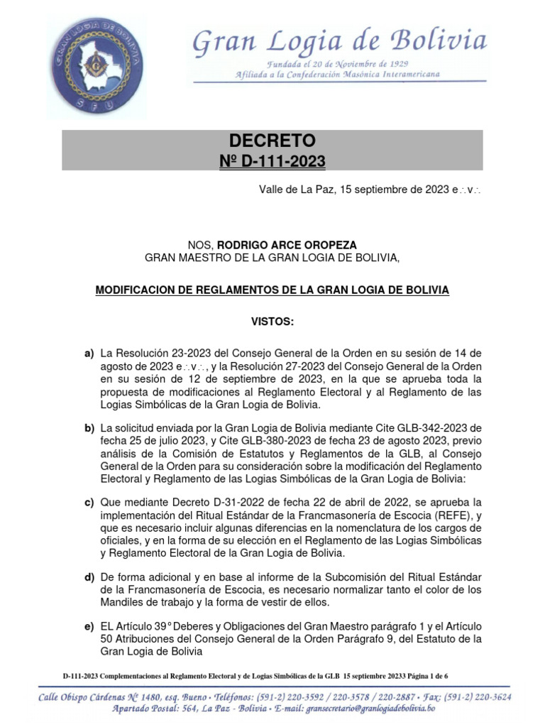 D-111-2023 Complementaciones al Reglamento Electoral y de Logias Simbólicas de la GLB 15 ...