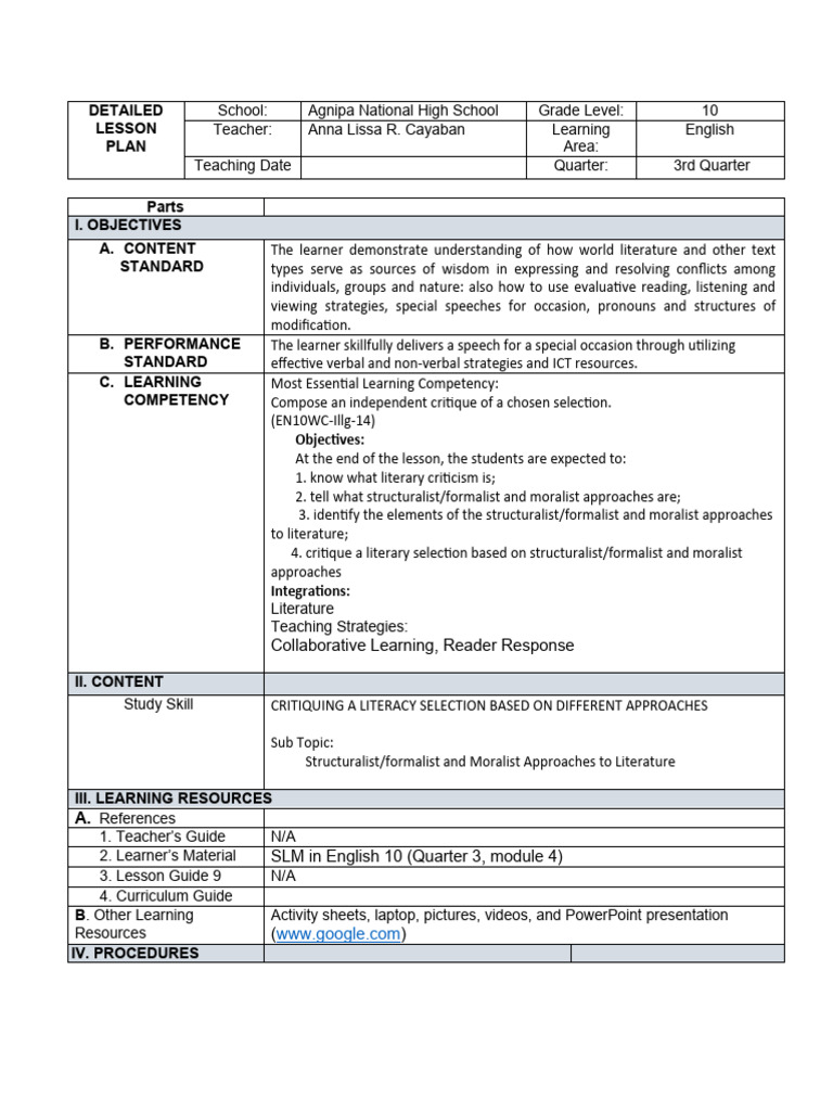 Literary Criticism Lesson Plan | PDF | Narration | Literary Criticism