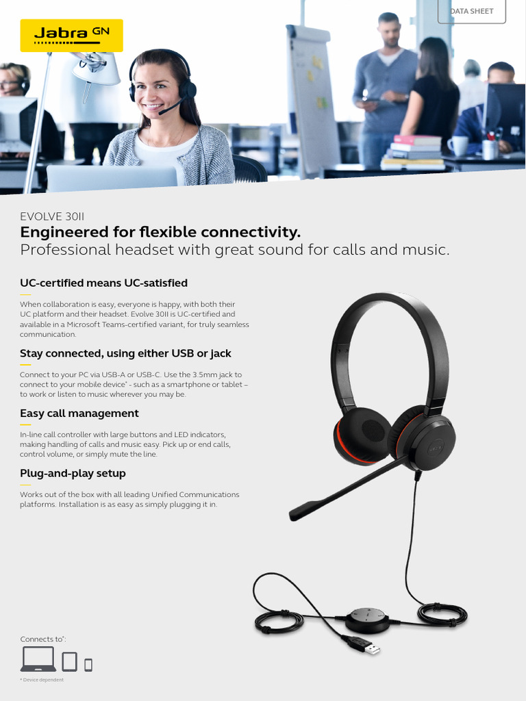 Jabra Evolve 30II Data Sheet A4 140920 Web | PDF | Usb | Bluetooth
