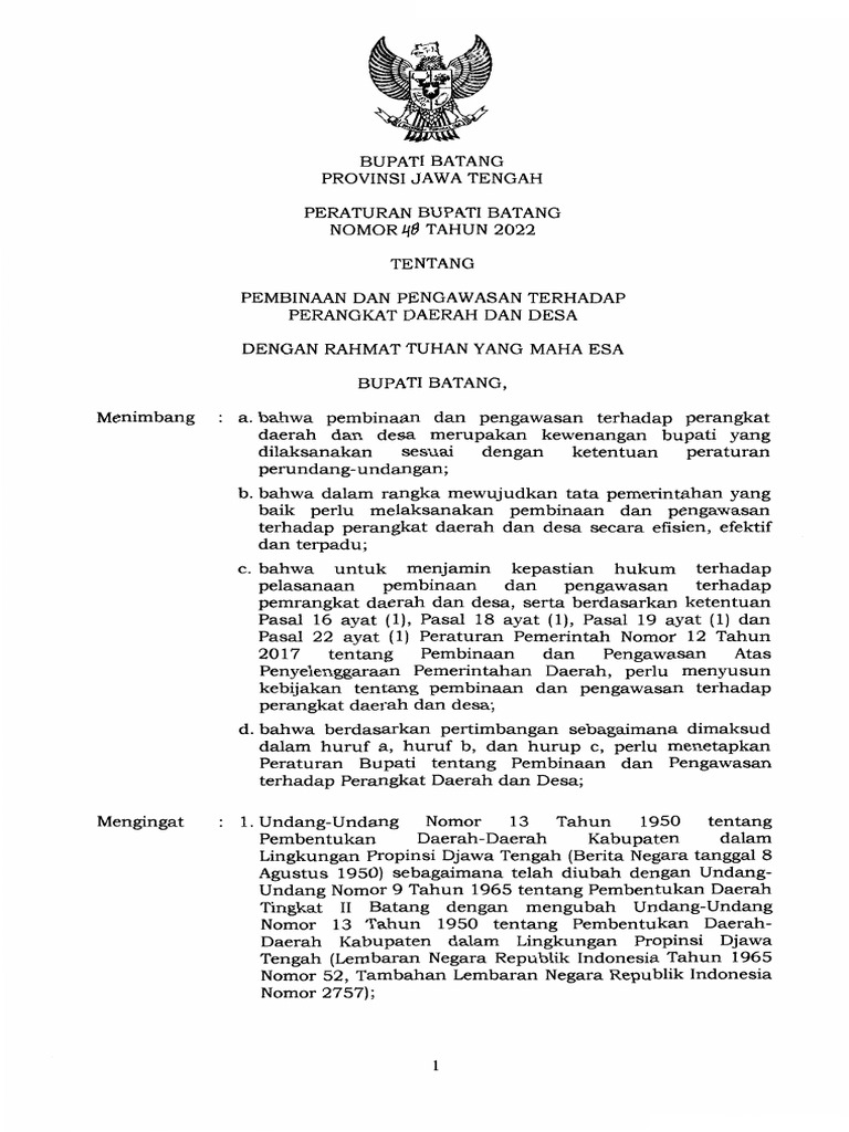 Perbup No 48 TH 2022 - Pembinaan Dan Pengawasan Terhadap Perangkat Daerah Dan Desa | PDF