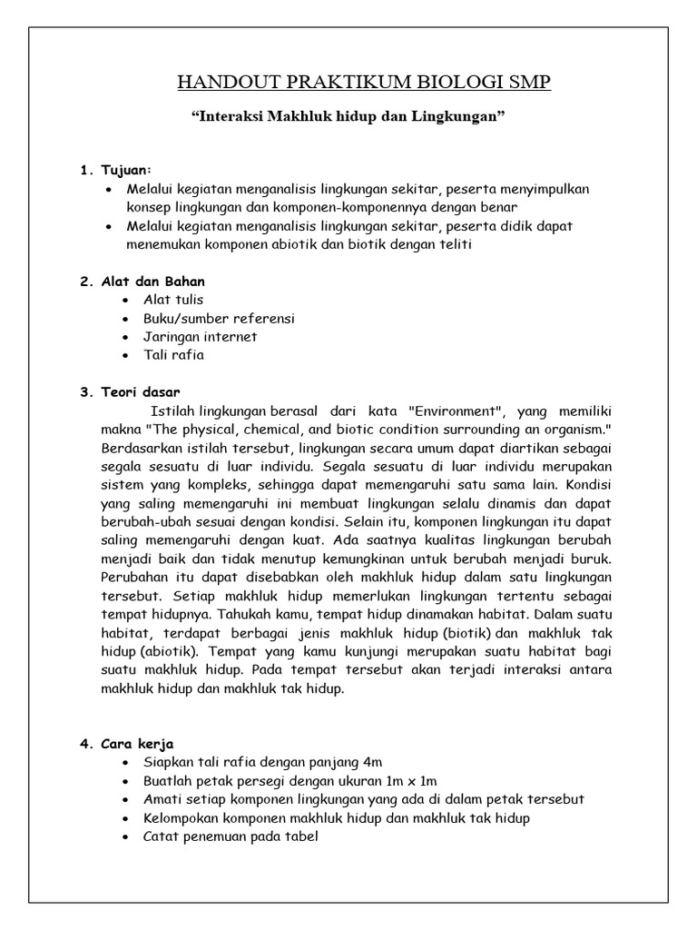 Handout Praktikum Biologi Interaksi Makhluh Hidup | PDF | Pengembangan Diri | Sains & Matematika