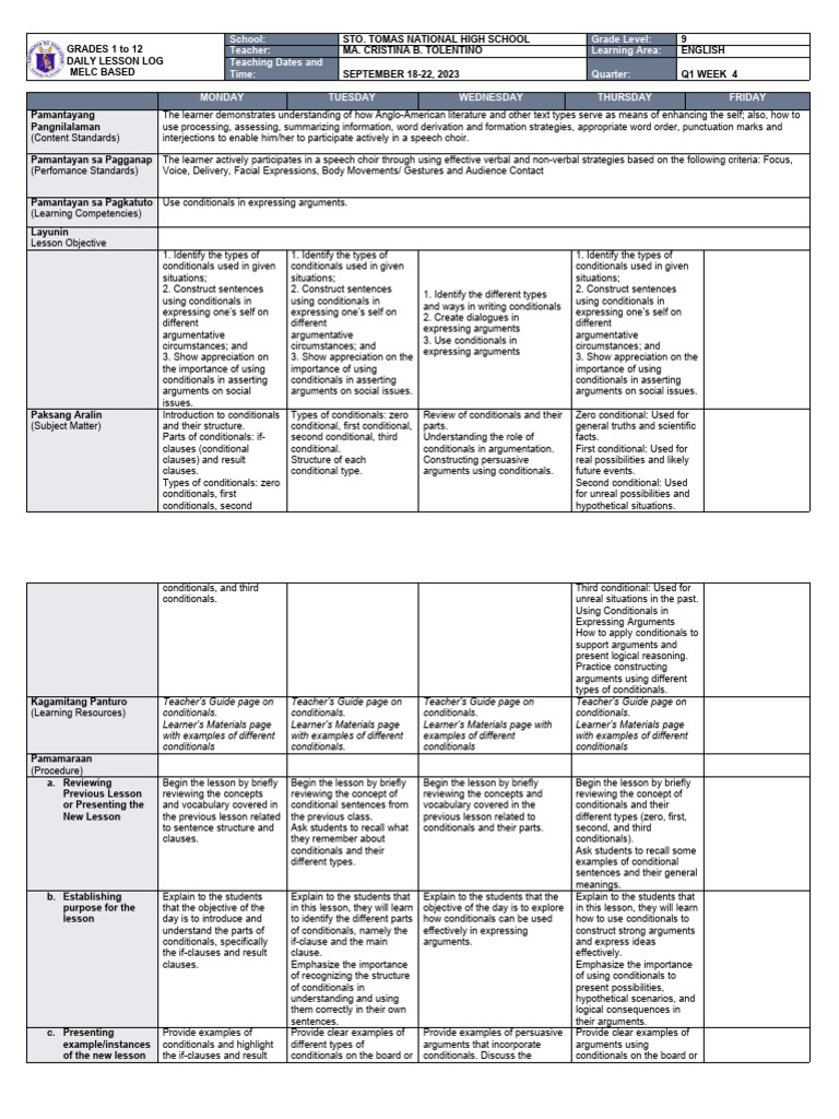 MELC-DLL-ENG-9-WEEK-4-Q1-DONE | PDF | Argument | Sentence (Linguistics)