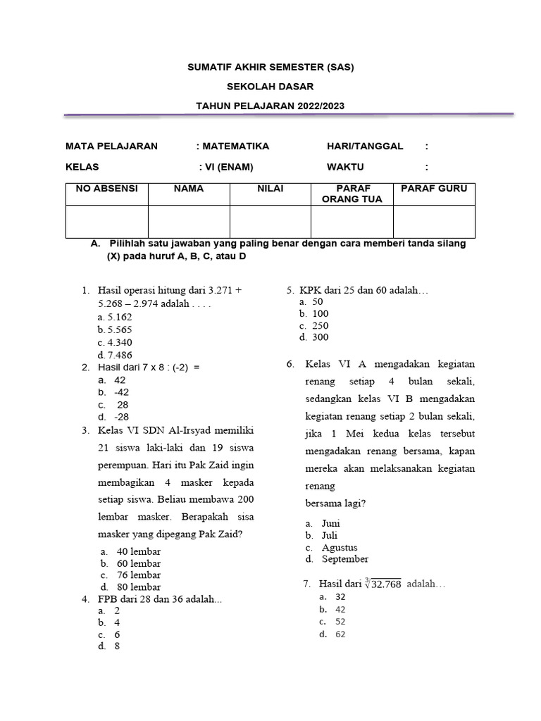 Sumatif Akhir Semester Matematika Kelas 6 | PDF