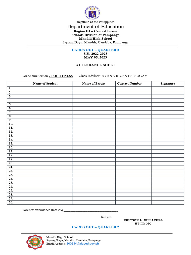 Cards Out Q1 Attendance 2022 2023 | PDF
