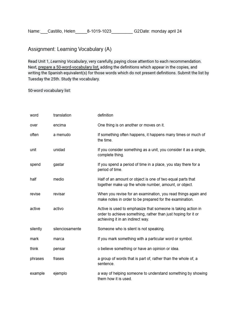 Learning Vocabulary Unit 1 | PDF