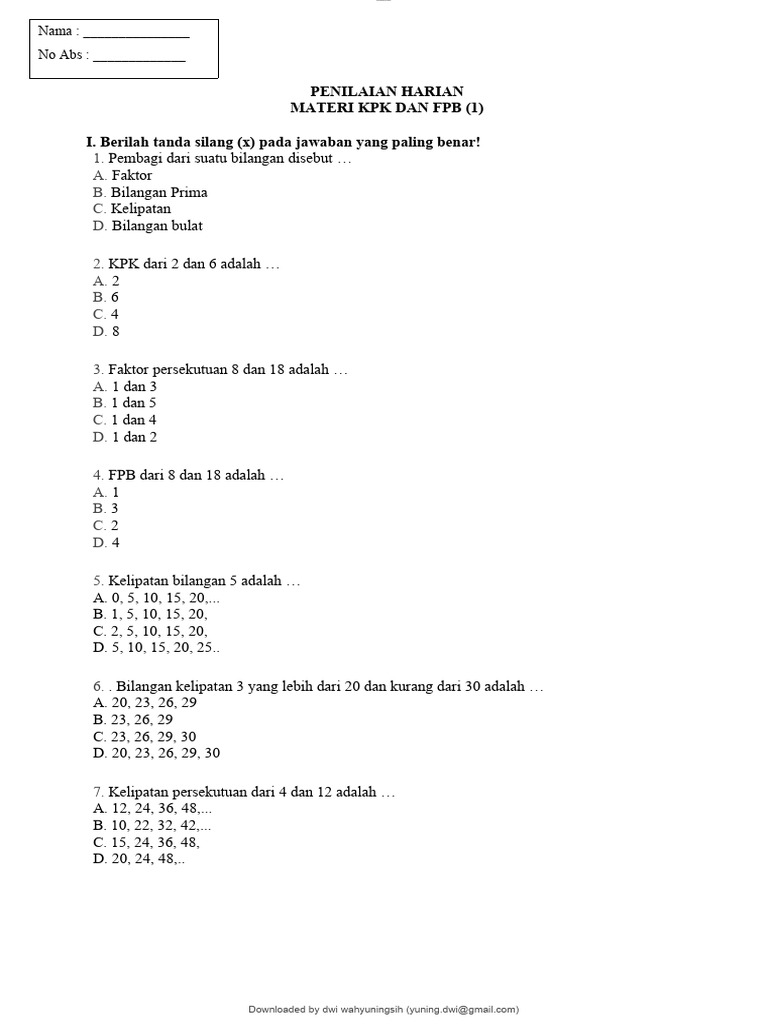 Soal KPK Dan FPB Kelas 4 | PDF