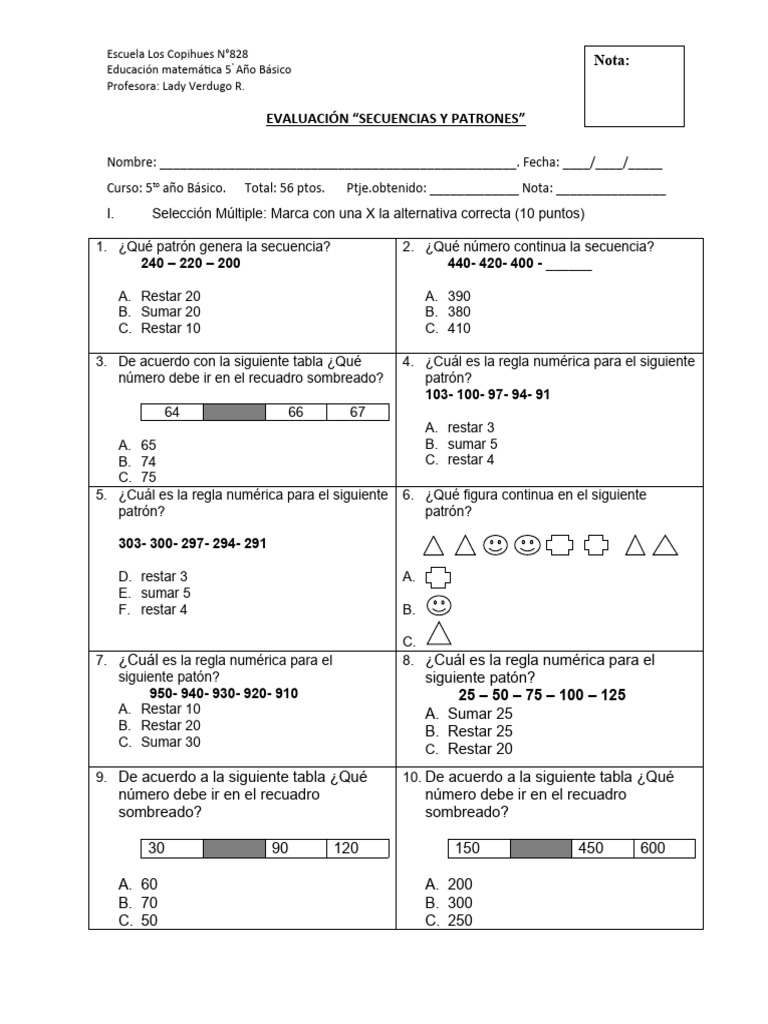 Prueba de Secuencia y Patrones 5 Basico | PDF
