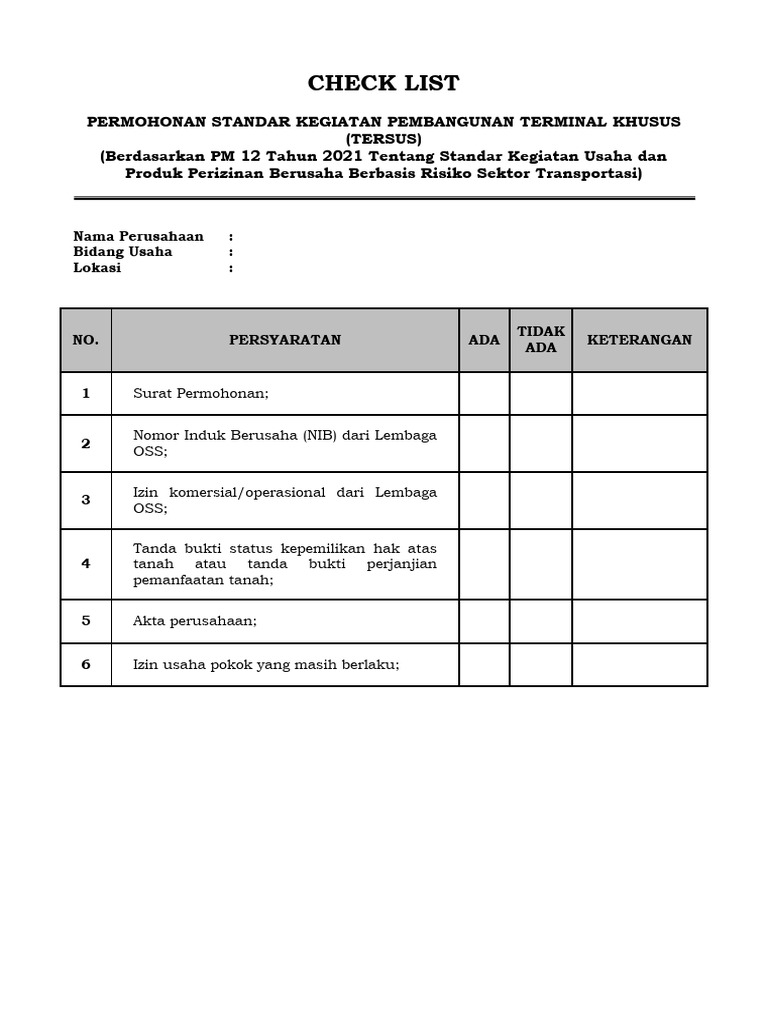 12.c. Check List Standar Kegiatan PEMBANGUNAN TERSUS Berdasarkan PM 12 ...