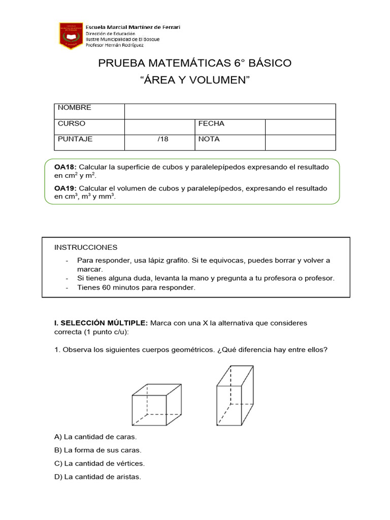 Prueba 6° Básico Area y Volumen | PDF | Volumen | Geometría euclidiana