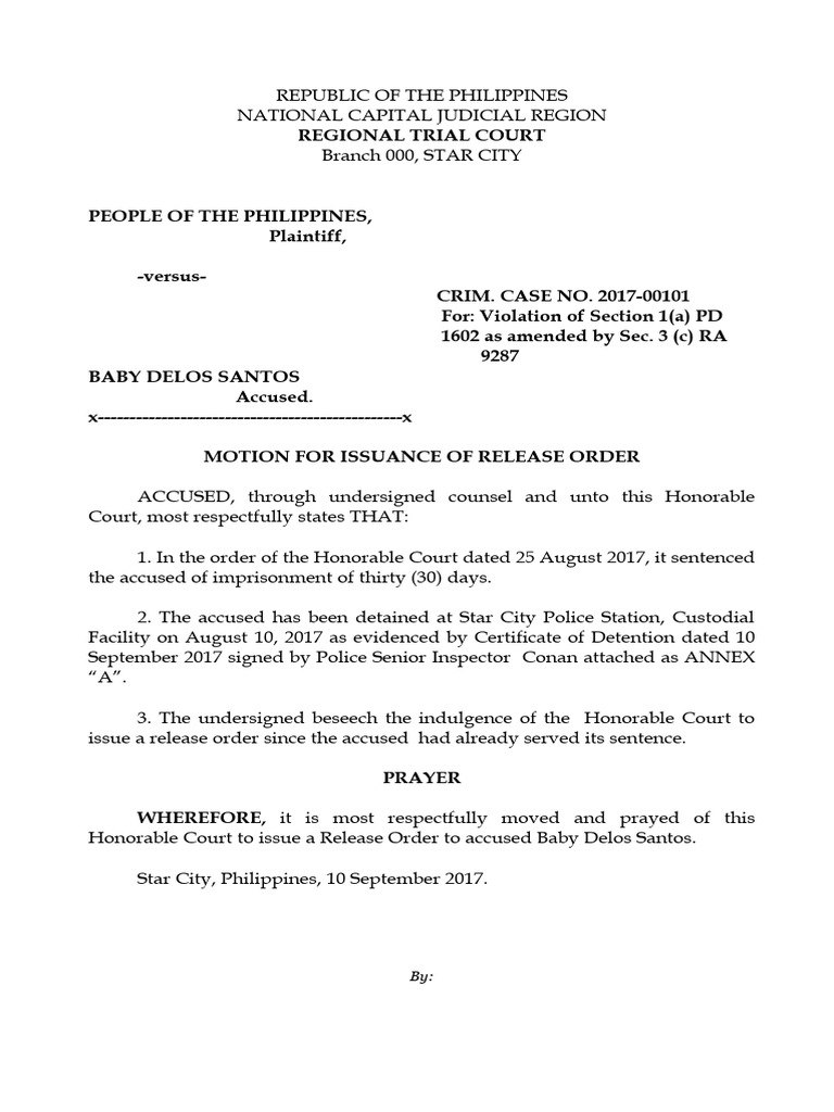 Motion For Issuance of Release Order (SCRB) | PDF