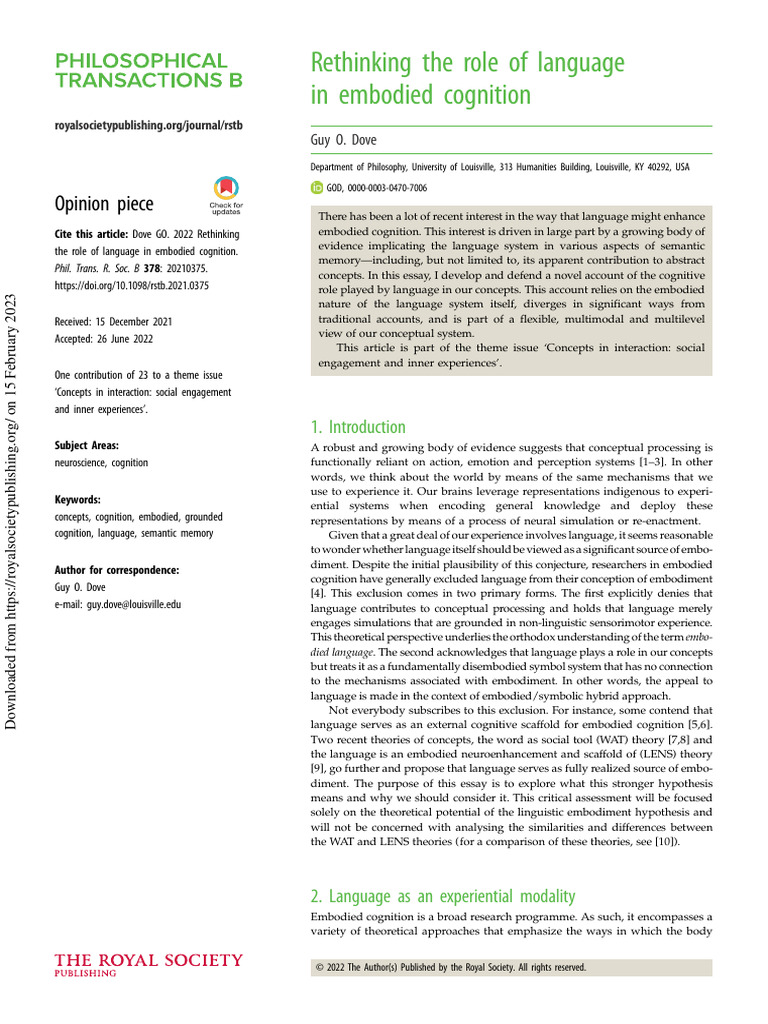 DOVE (2022) Rethinking The Role of Language IN EMBODIED COGNITION | PDF | Embodied Cognition ...