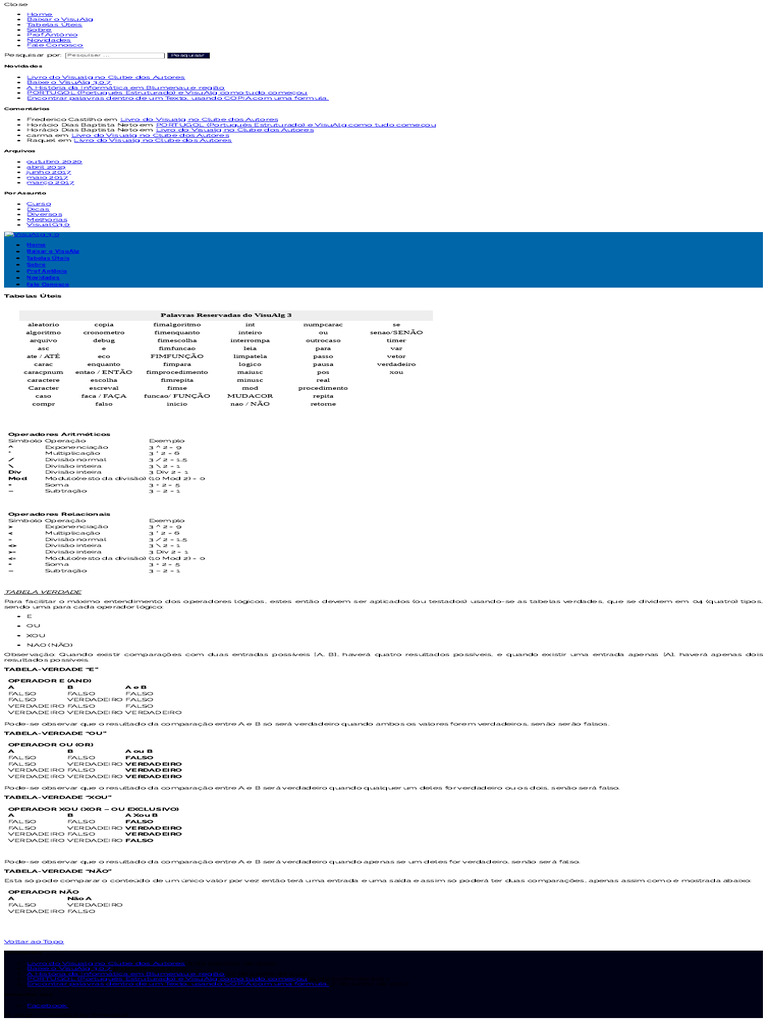 Tabelas - Visualg 3.0 | Download grátis PDF | Aritmética | Matemática