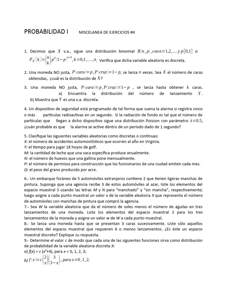 Probabilidad I Miscelanea de Ejercicio4 | PDF | Variable aleatoria | Función de densidad de ...