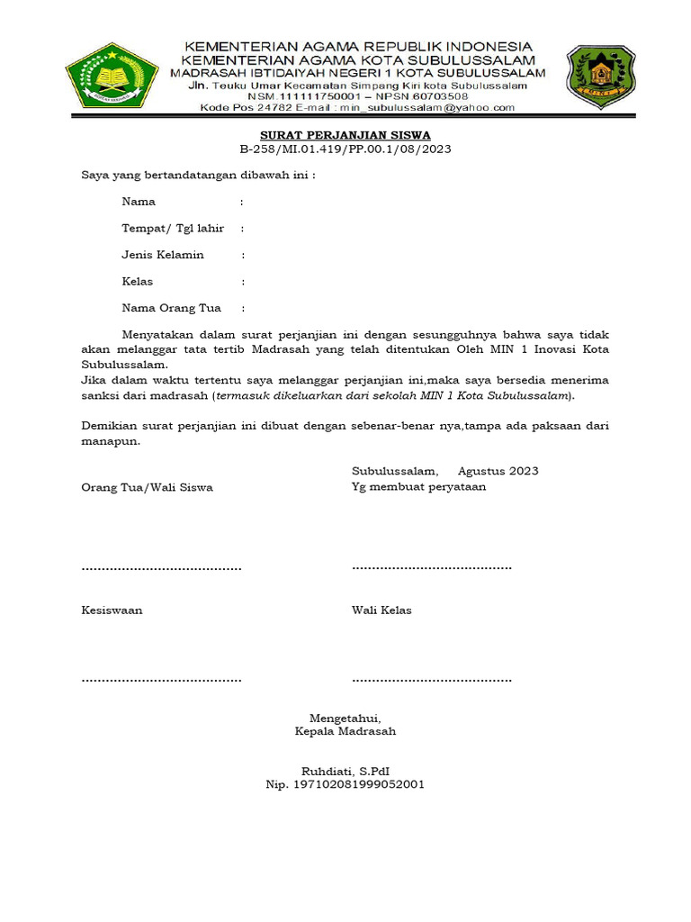 Surat Perjanjian Siswa Dan Guru | PDF