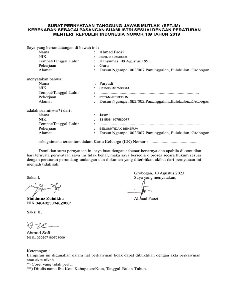 SPTJM Kebenaran Pasangan Suami Istri | PDF