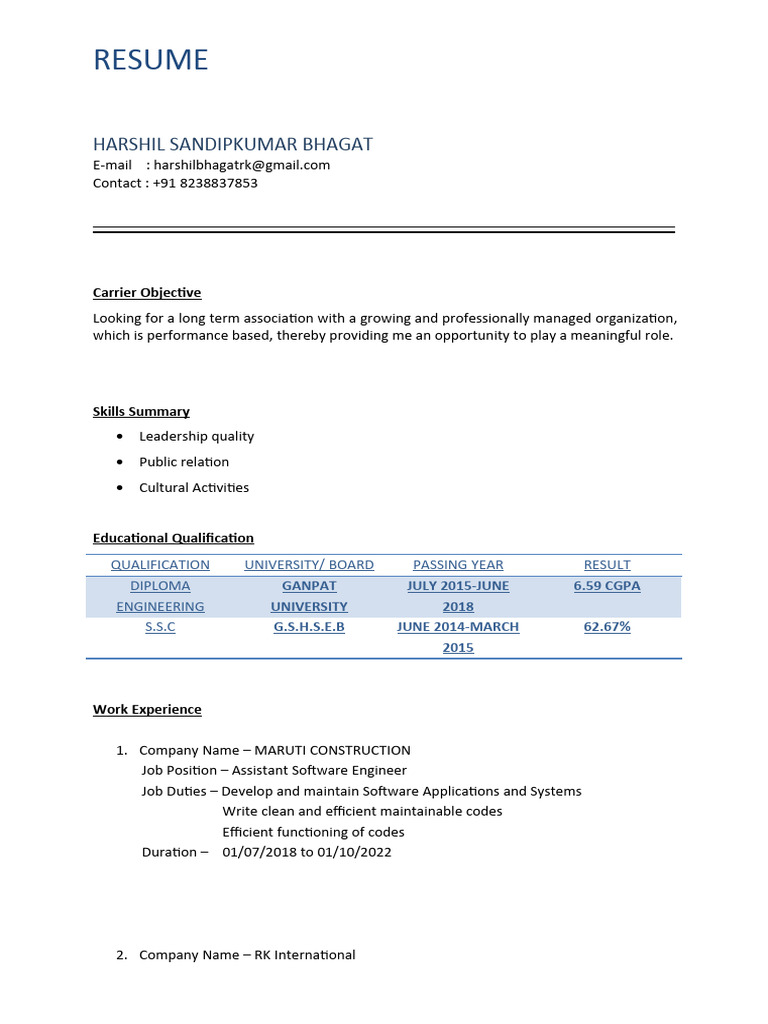 Resume of Harshil Bhagat | PDF