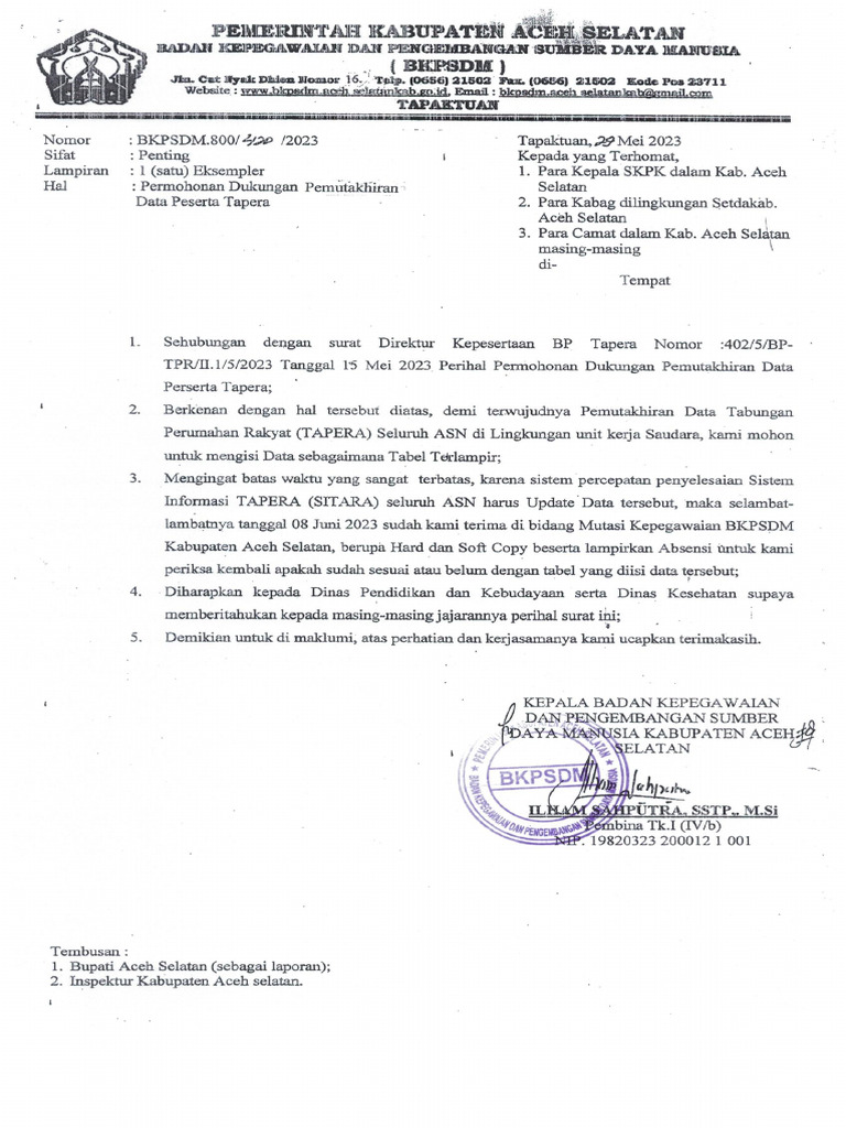 SURAT PERMOHONAN DUKUNGAN PEMUKTAKHIRAN DATA PESERTA TAPERA | PDF