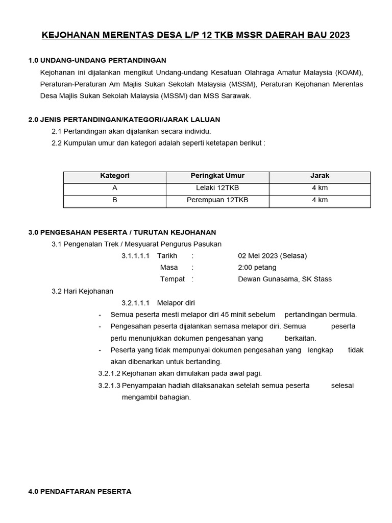 Syarat Pertandingan, Maklumat Dan Borang Pendaftaran Merentas Desa | PDF