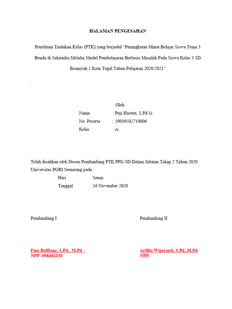 Halaman Pengesahan PTK Contoh | PDF