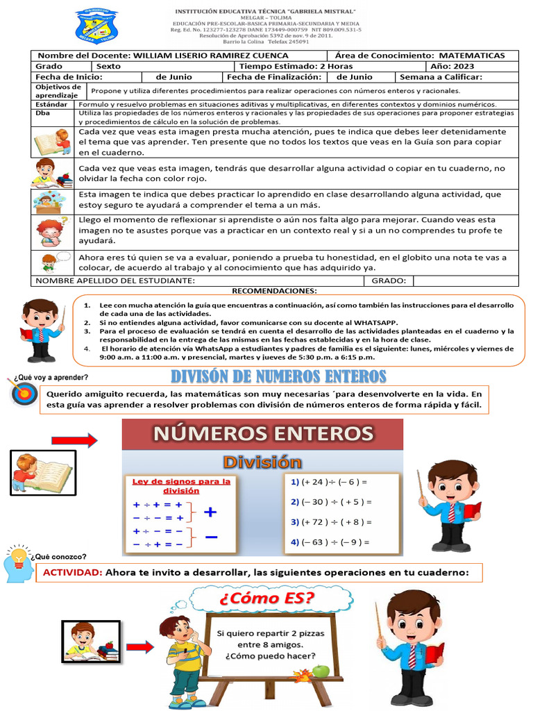 Guia 2 - División de Números Enteros - Mate Grado Sexto Segundo Periodo | PDF | División ...