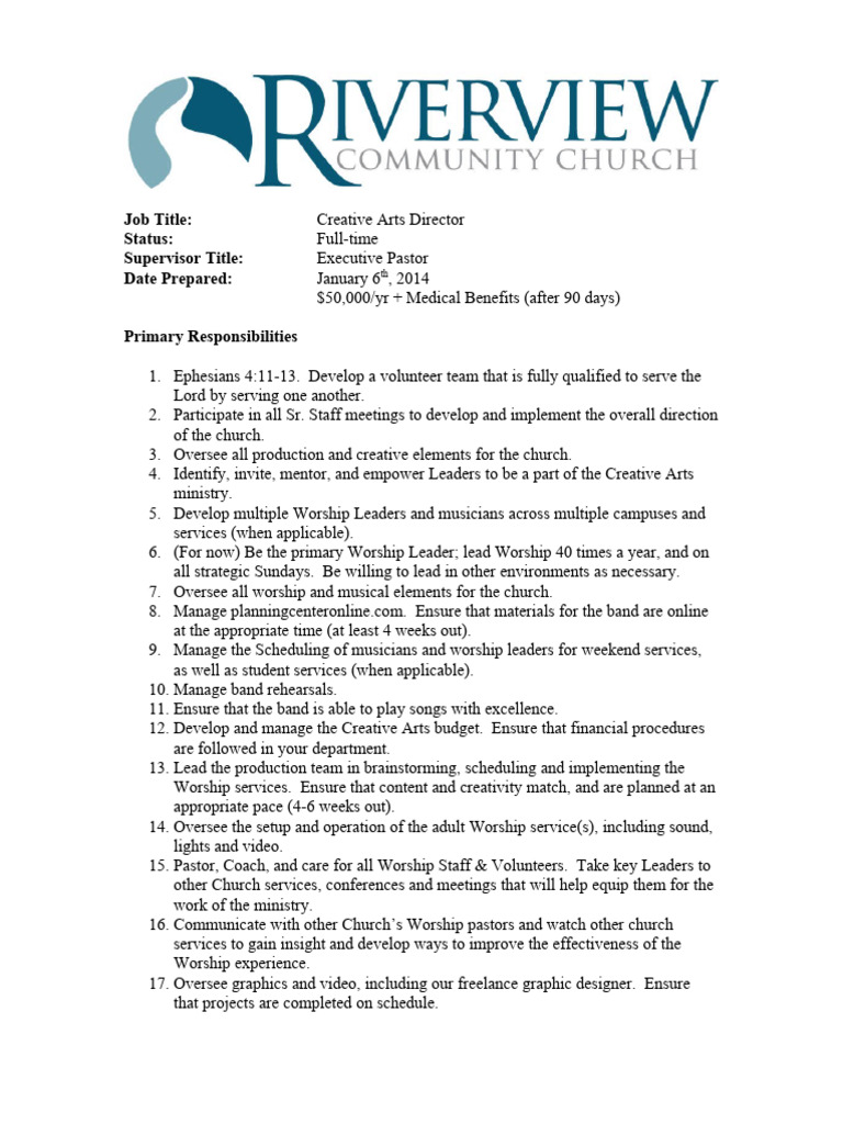 Creative Arts Pastor - Job Description | PDF | Pastor