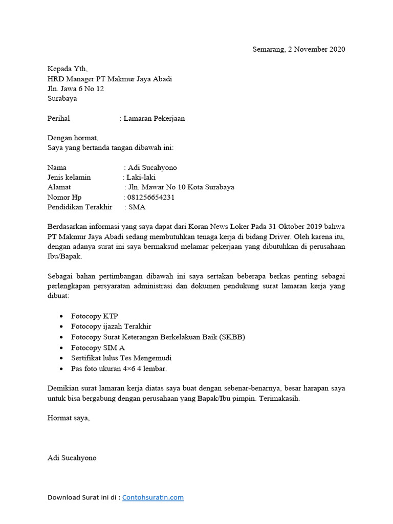 1 - Contoh Surat Lamaran Kerja Sopir Driver Taksi | PDF