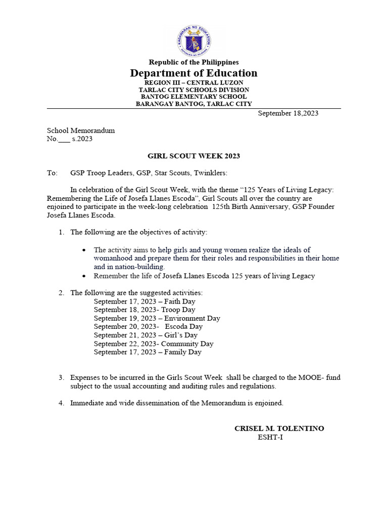 School-Memorandum-On-Celebrating-Girls Scout Week | PDF