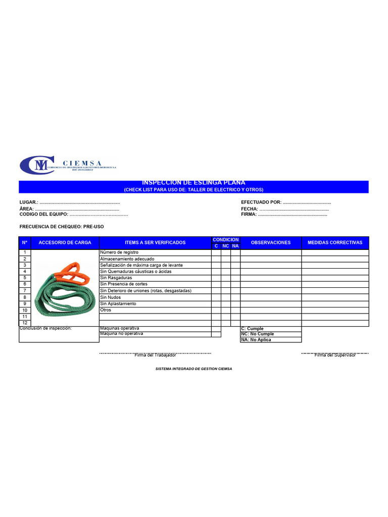 Check List de Eslinga (SSOMA) | PDF