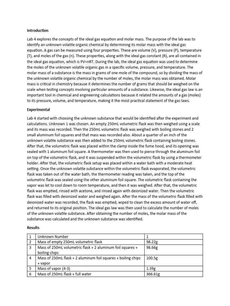 Lab Report 4 Ideal Gas Equation | PDF | Teaching Methods & Materials