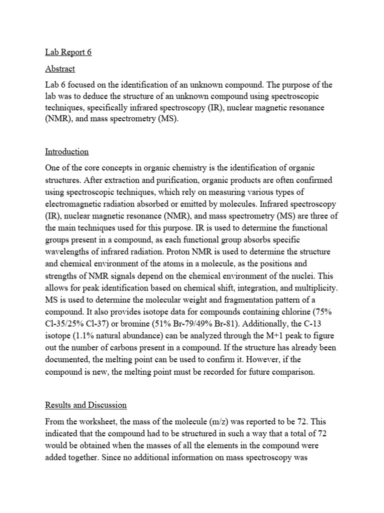 Lab Report 6 Organic Chemistry 1 | PDF | Spectroscopy | Nuclear Magnetic Resonance