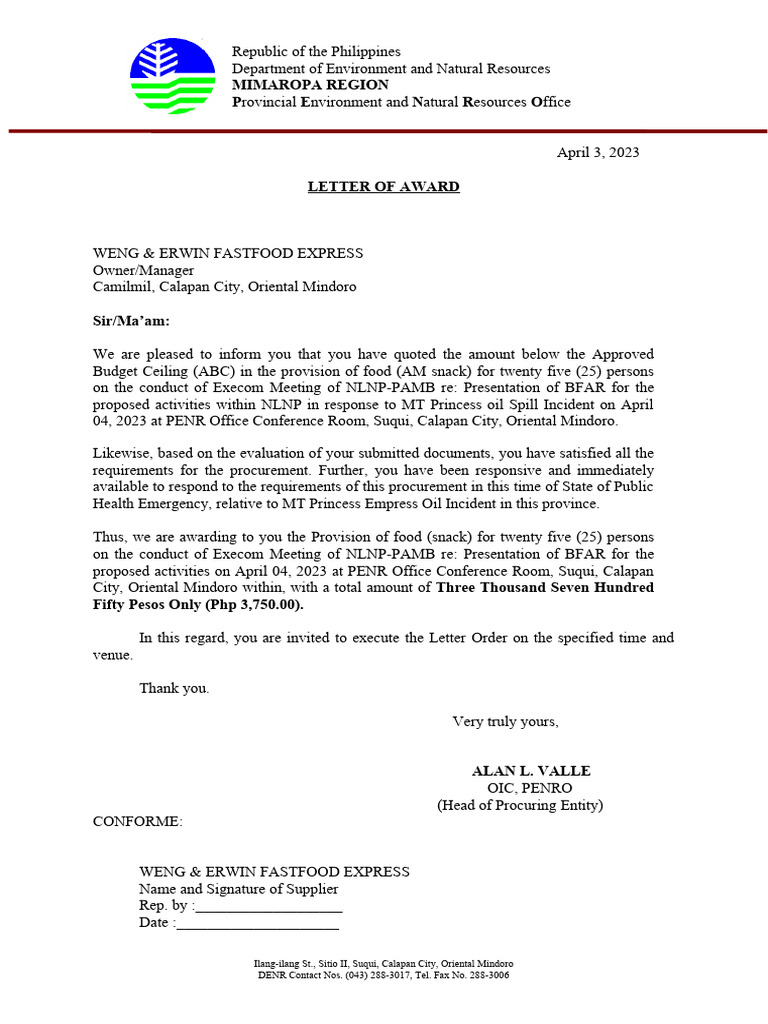 Letter of Award and Order | PDF