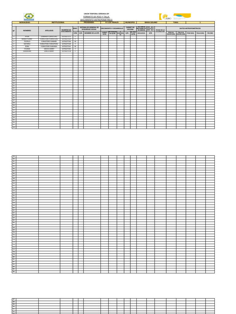 FORMATO DE PESO Y TALLA Vacal | PDF