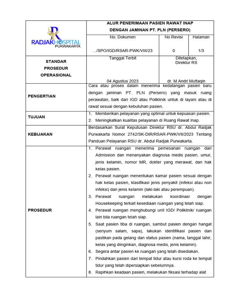 ALUR PENERIMAAN PASIEN RAWAT INAP PT PLN | PDF
