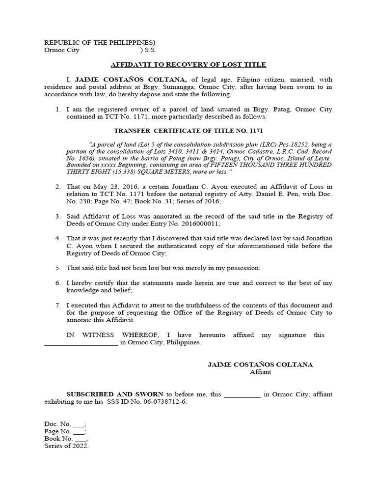 Affidavit for Lost Title Recovery | PDF | Affidavit | Legal Documents
