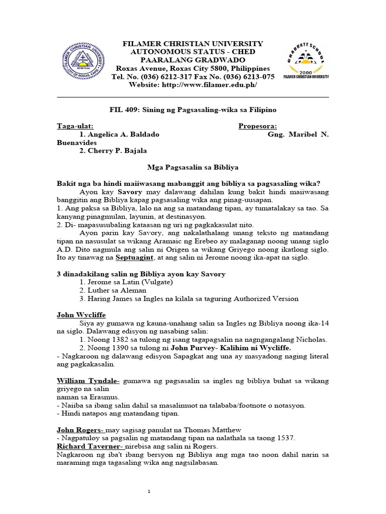 Mga Pagsasalin Sa Bibliya FIL409 | PDF