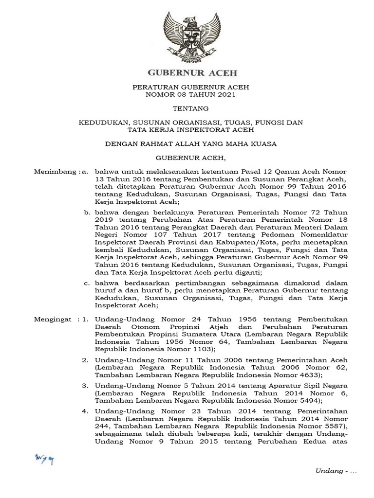 Peraturan Gubernur Aceh Nomor 08 Tahun 2021 Tentang Kedudukan, Satuan Organisasi, Tugas, Fungsi ...