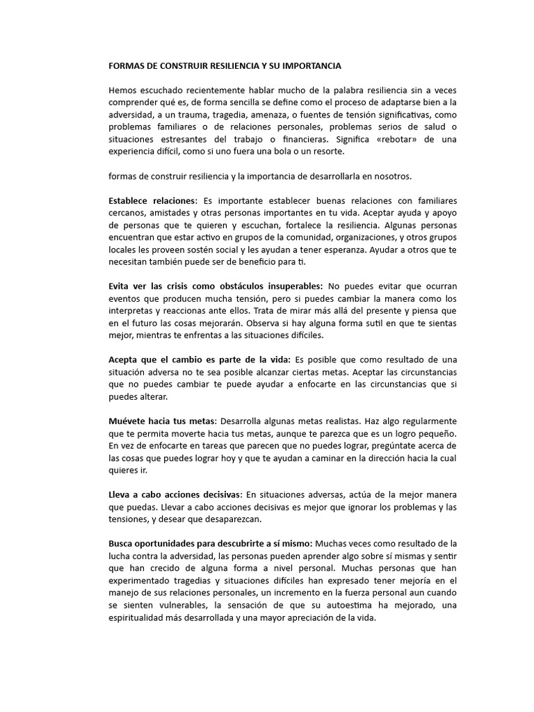 Formas de Construir Resiliencia y Su Importancia | PDF | Resiliencia psicológica | Autoestima