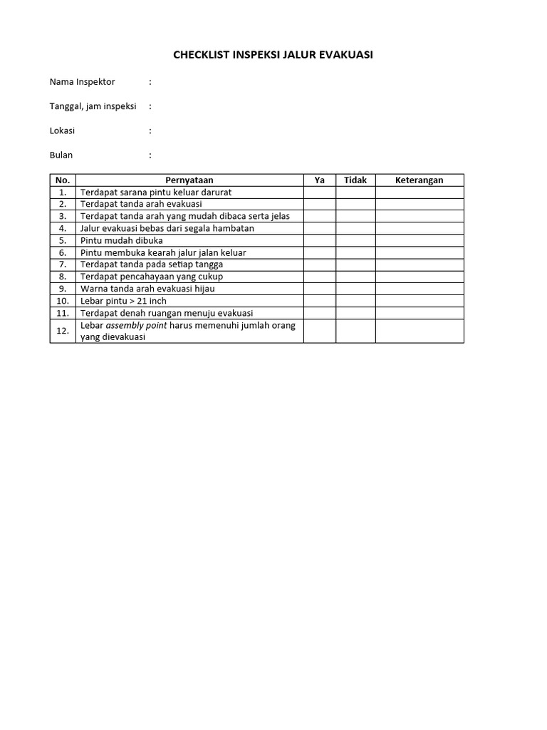 Checklist Pemeliharaan Jalur Evakuasi | PDF