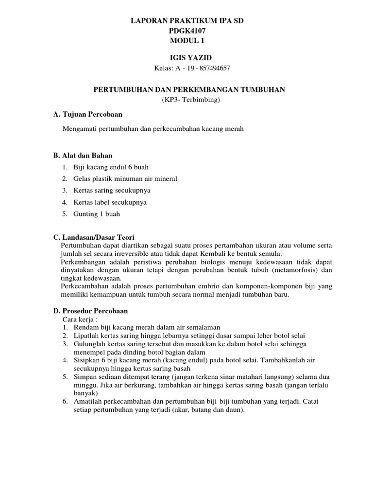 Laporan Praktikum Ipa Pertumbuhan Perkembangan Kecambah | PDF