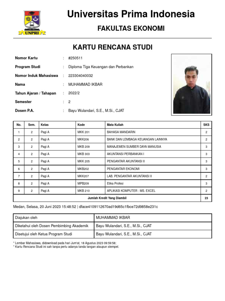 2023 08 18 09 59 58 Kartu Rencana Studi 250511 | PDF