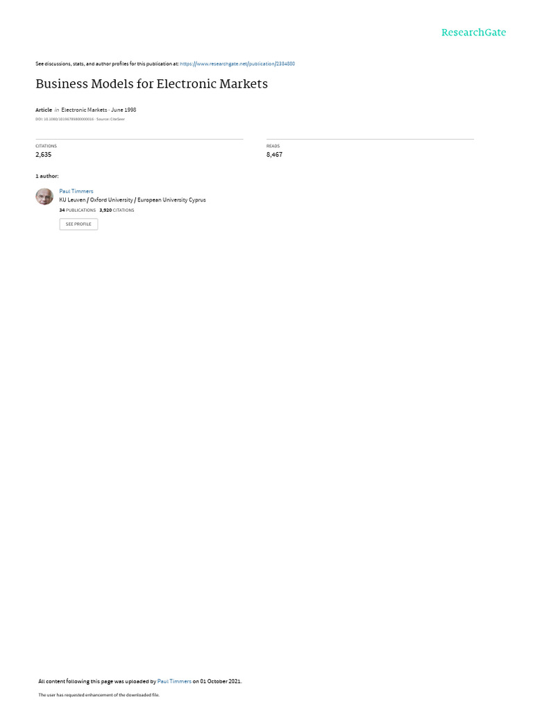 Paul Timmers. Business Models For Electronic Markets | PDF