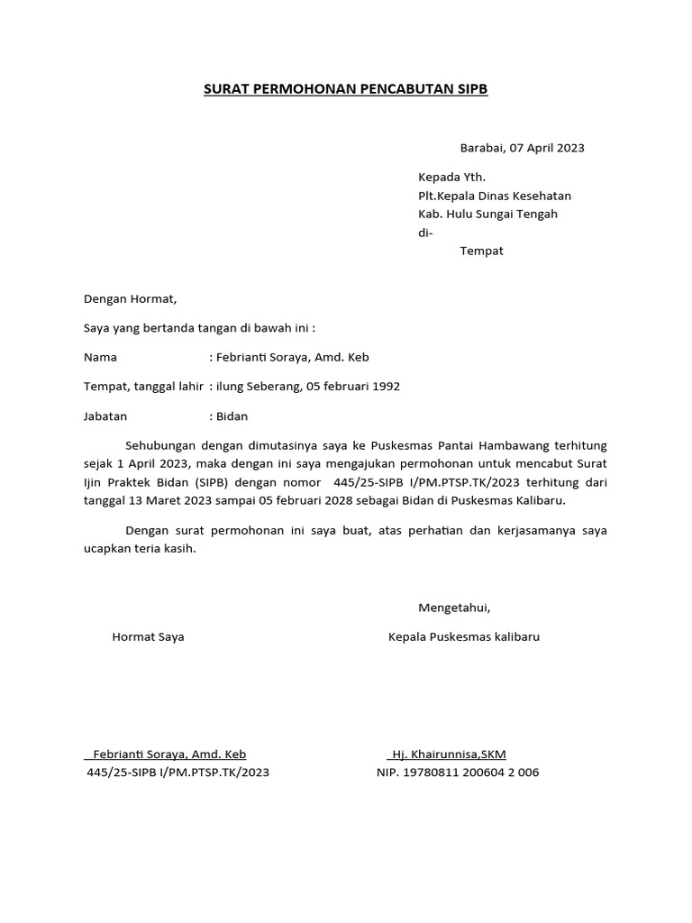 Surat Permohonan Pencabutan Sipb | PDF
