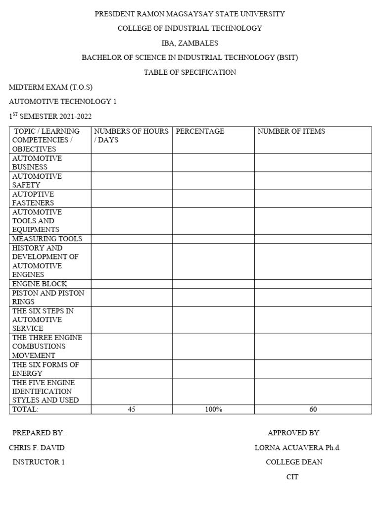 BSIT Automotive Technology Midterm TOS | PDF