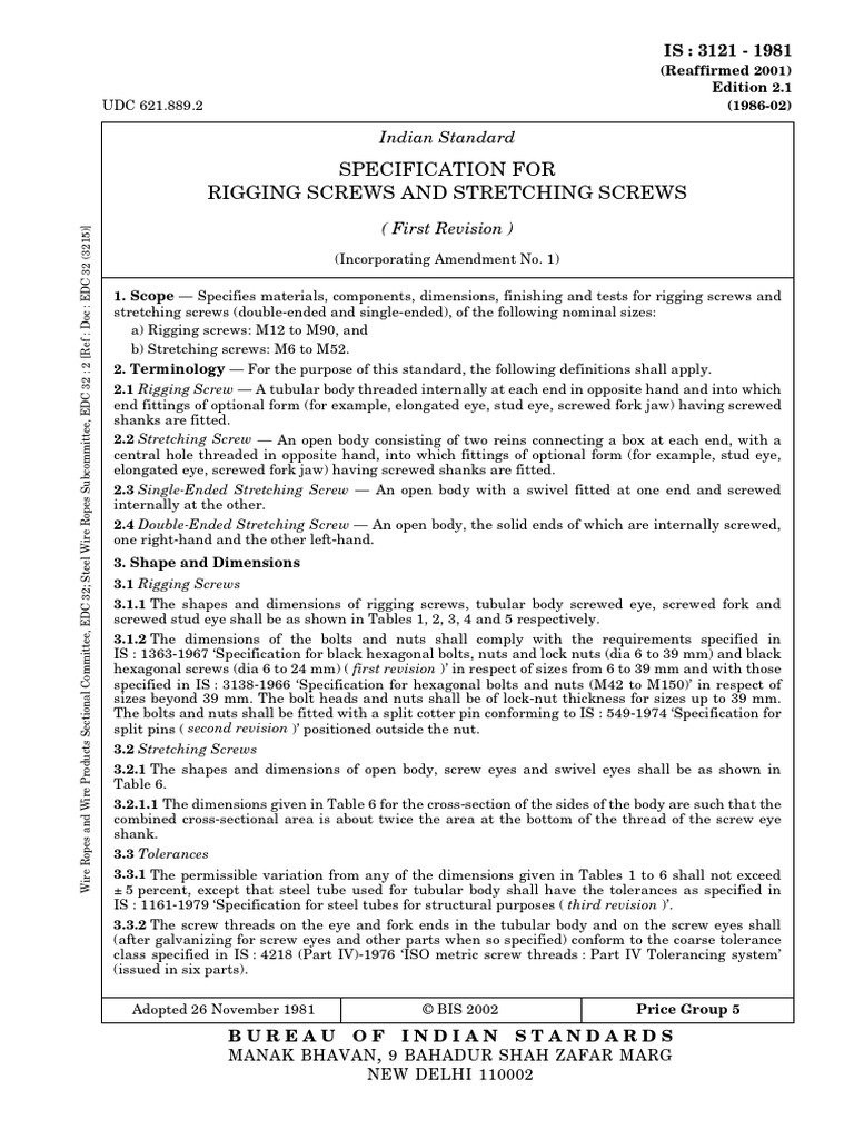 Specification For Rigging Screws and Stretching Screws: Indian Standard ...