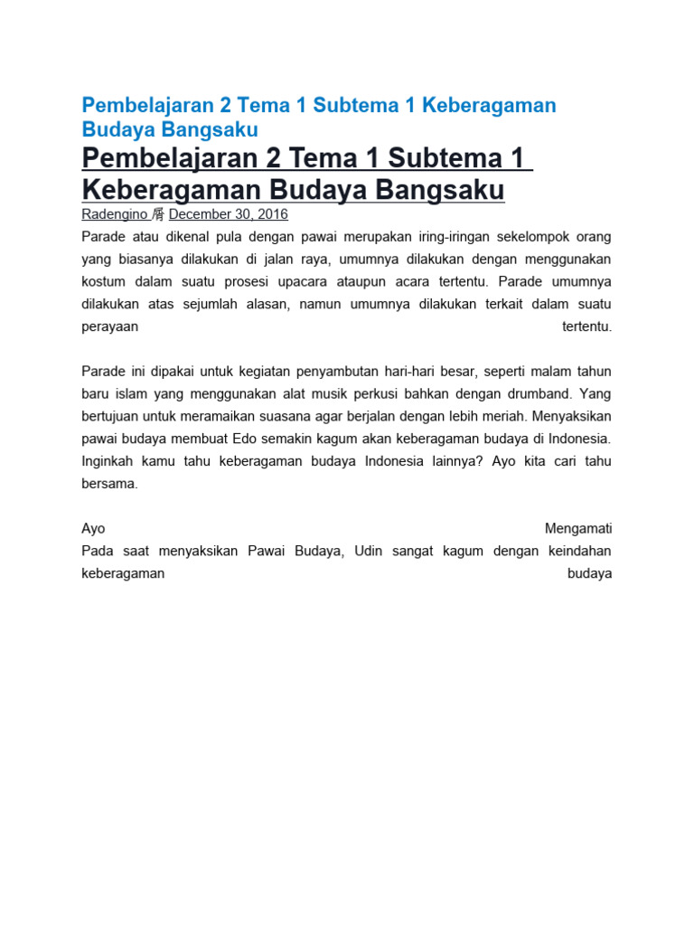Pembelajaran 2 Tema 1 Subtema 1 Keberagaman Budaya Bangsaku | PDF