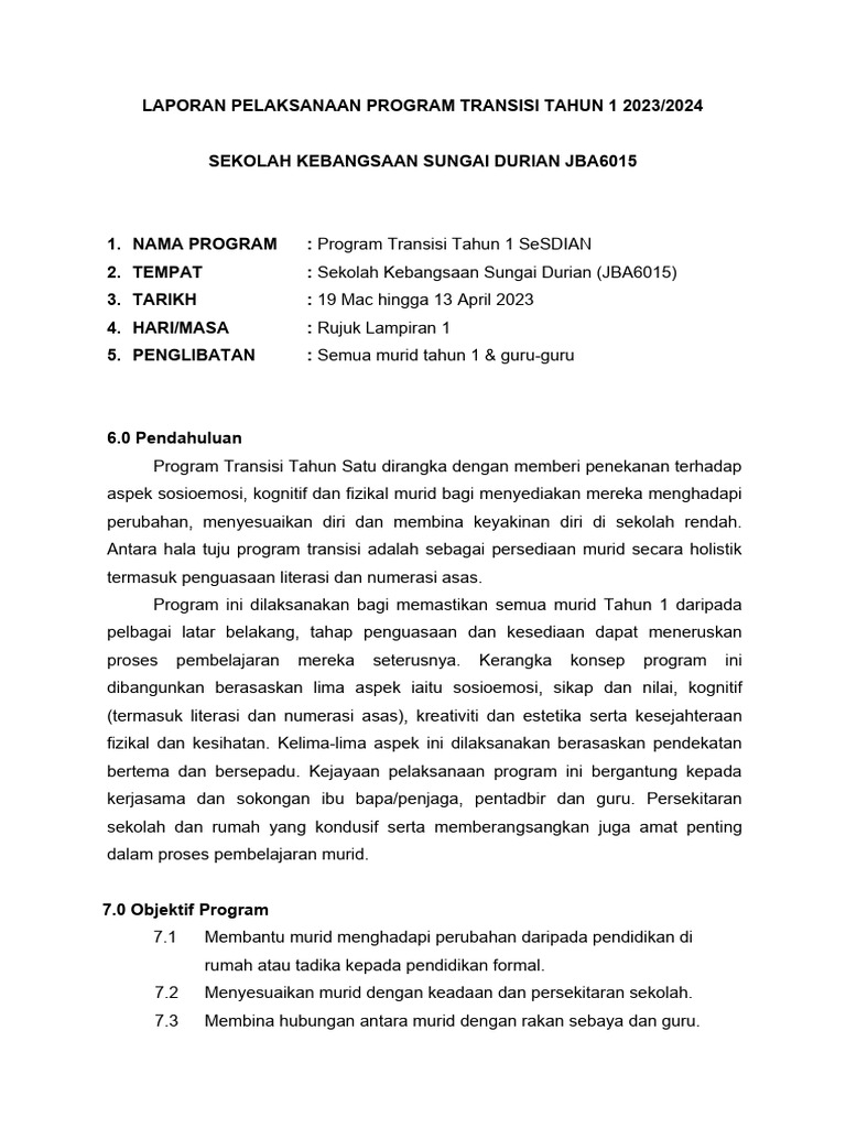 Laporan Pelaksanaan Program Transisi Tahun 1 2023 | PDF