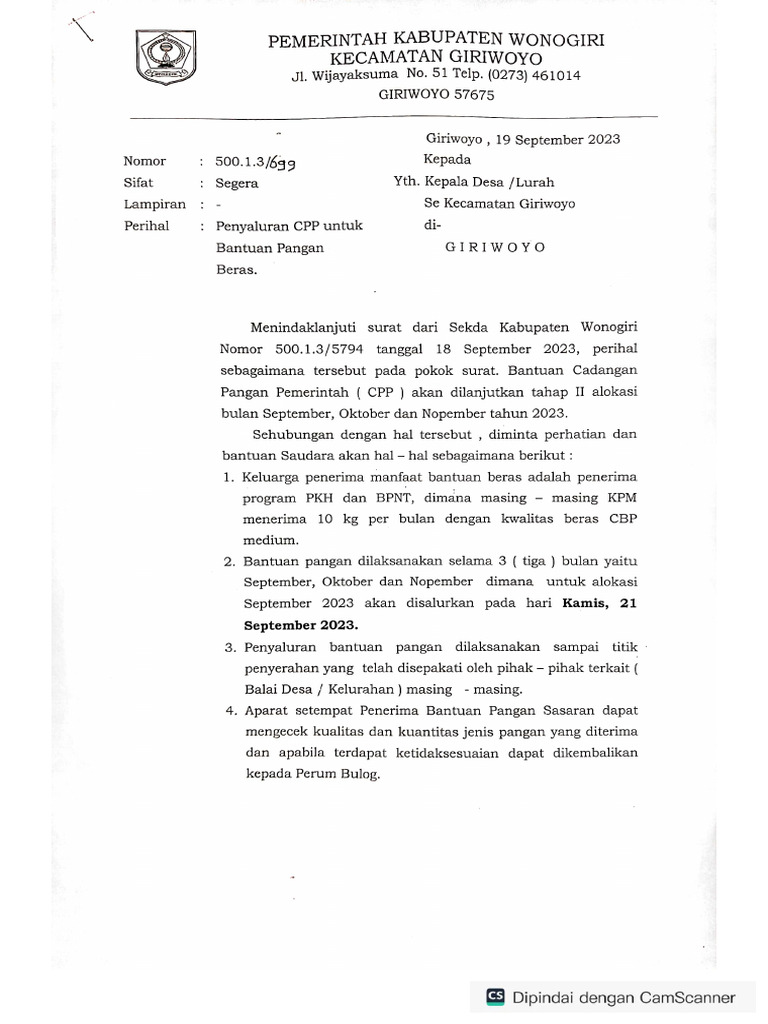 Penyaluran CPP Bantuan Pangan Beras | PDF