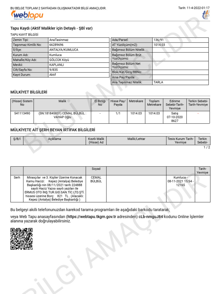 Gi Am Açlidir: Tapu Kaydı (Aktif Malikler Için Detaylı - ŞBİ Var) | PDF