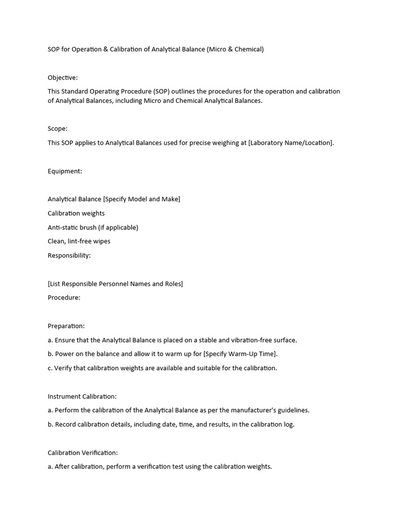 Sop For Operation and Calibration of Analytical Balance | PDF