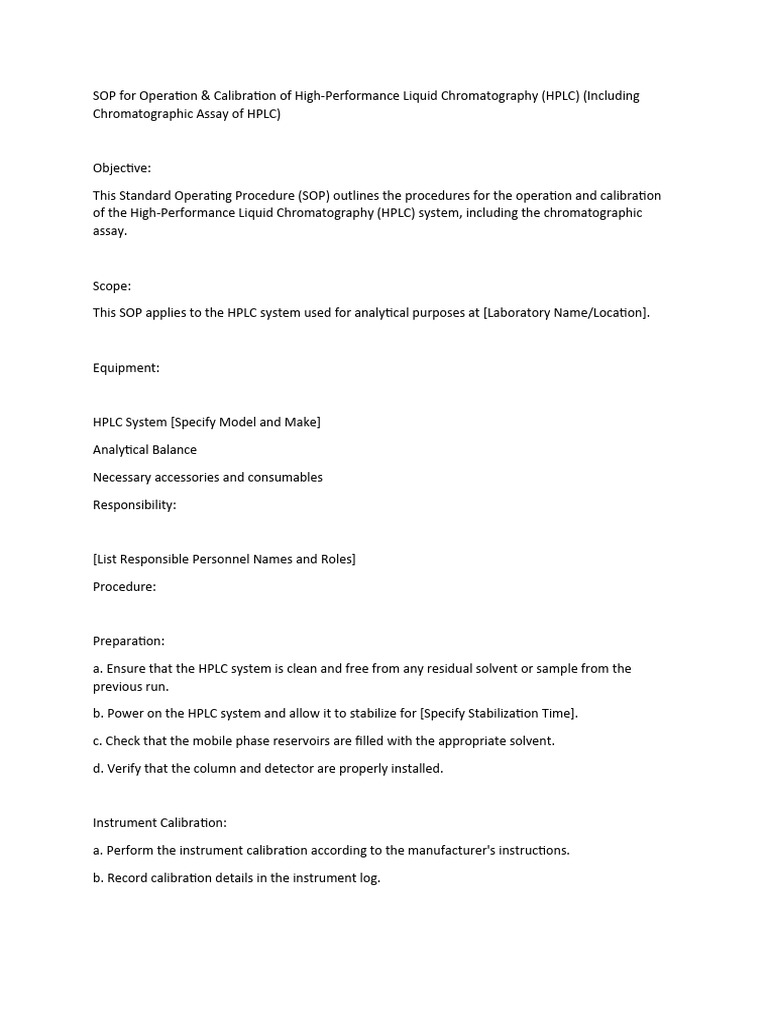 Sop For Operation and Calibration of HPLC | PDF
